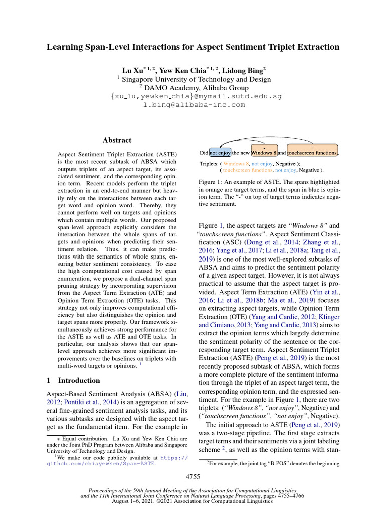 Learning Span Level Interactions For Aspect Sentiment Triplet Extraction Pdf Machine