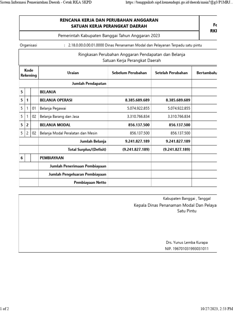 Sistem Informasi Pemerintahan Daerah Penetapan - Cetak RKA SKPD | PDF ...