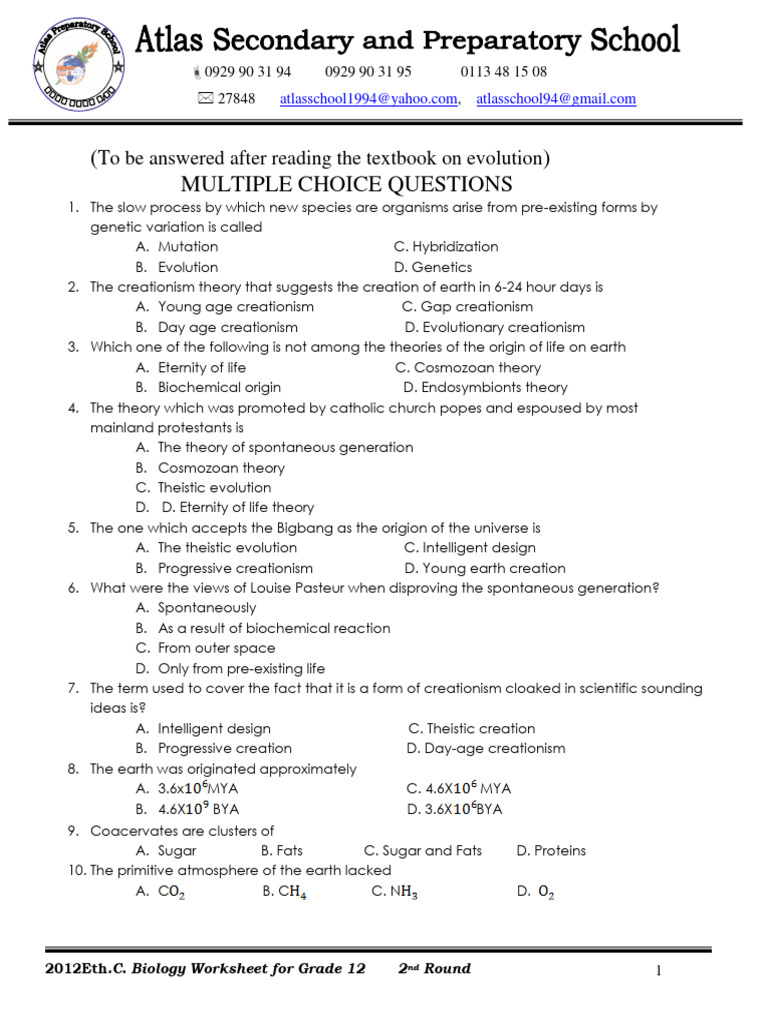 Grade 12 Biology Evolution Worksheet | PDF | Creationism | Abiogenesis