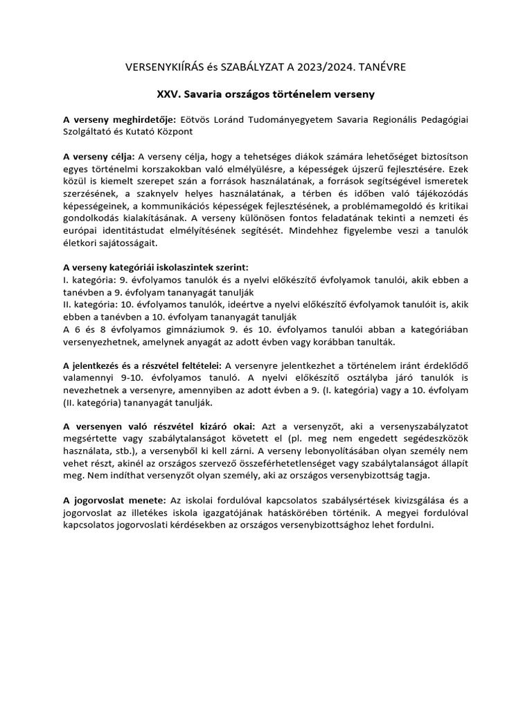 Savaria Országos Történelem Verseny - Versenykiírás - 2023 - 2024 | PDF
