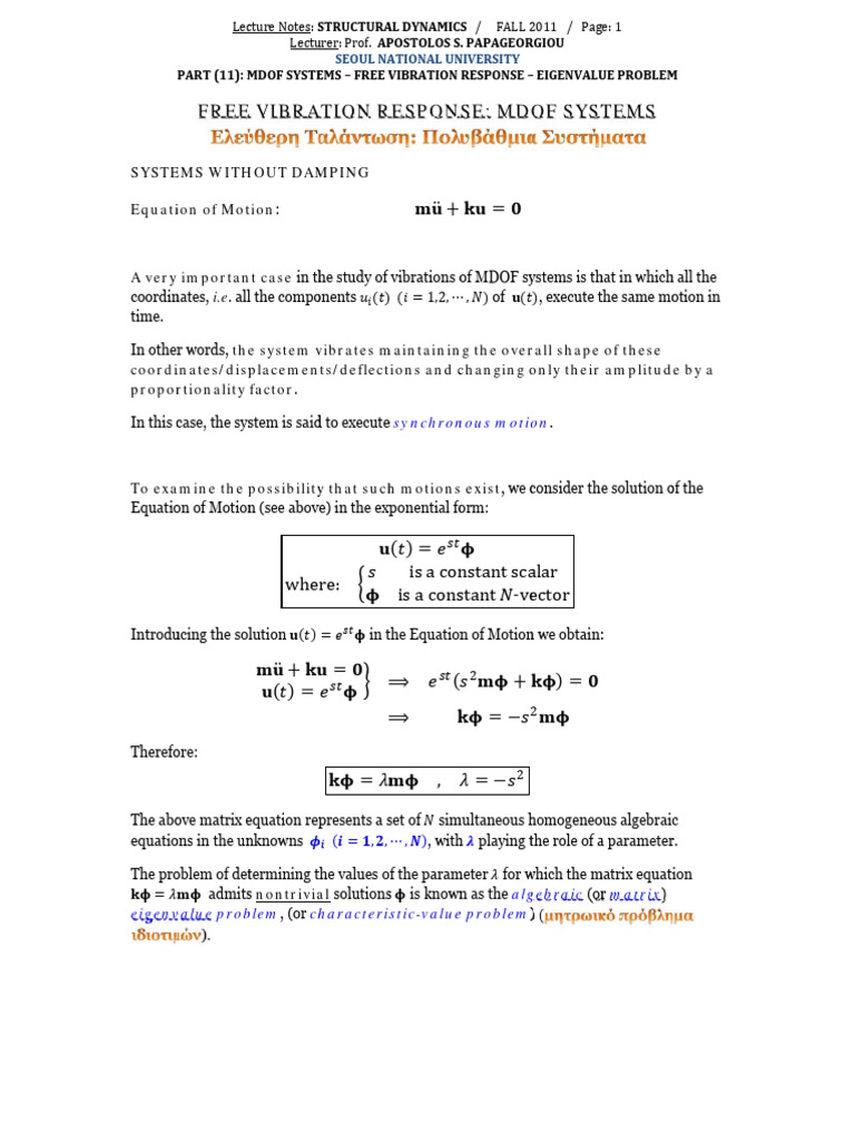 11 - MDOF - Eigen Probl | Download Free PDF | Eigenvalues And Eigenvectors | Matrix (Mathematics)