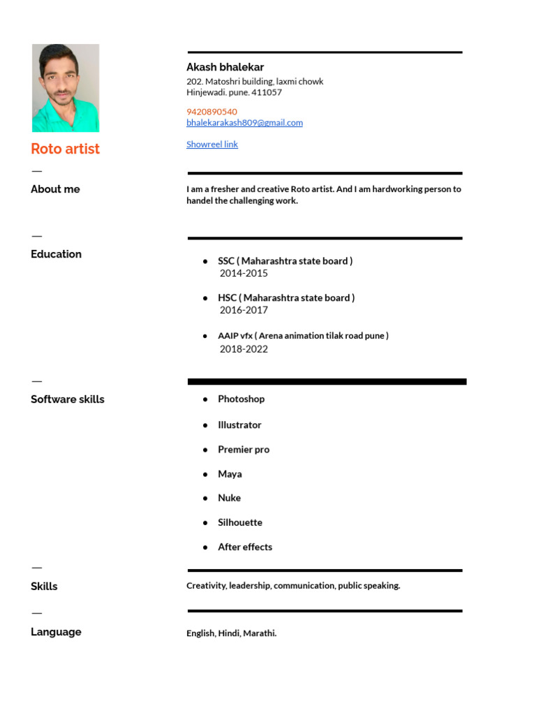 Roto Artist Resume of Akash Bhalekar | PDF