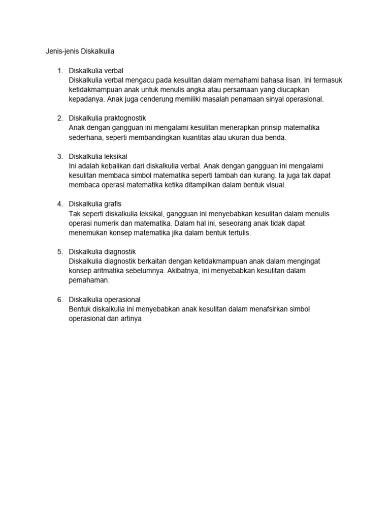 Jenis-Jenis Diskalkulia | PDF