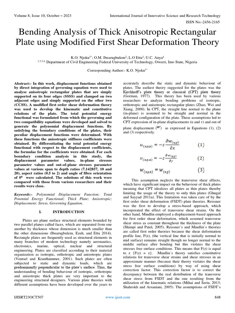 Bending Analysis Of Thick Anisotropic Rectangular Plate Using Modified First Shear Deformation