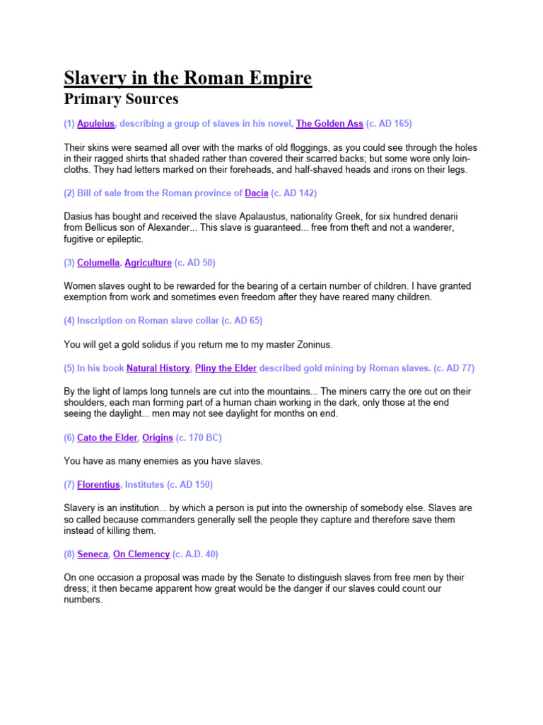 Slavery in The Roman Empire Primary Sources | PDF | Young Adult