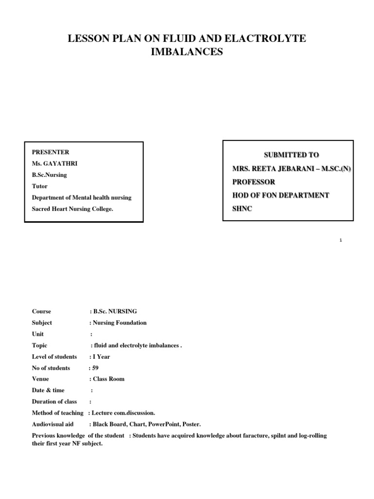 Lesson Plan On Fluid and Elactrolyte Imbalances - I ST Yr.23 | PDF ...