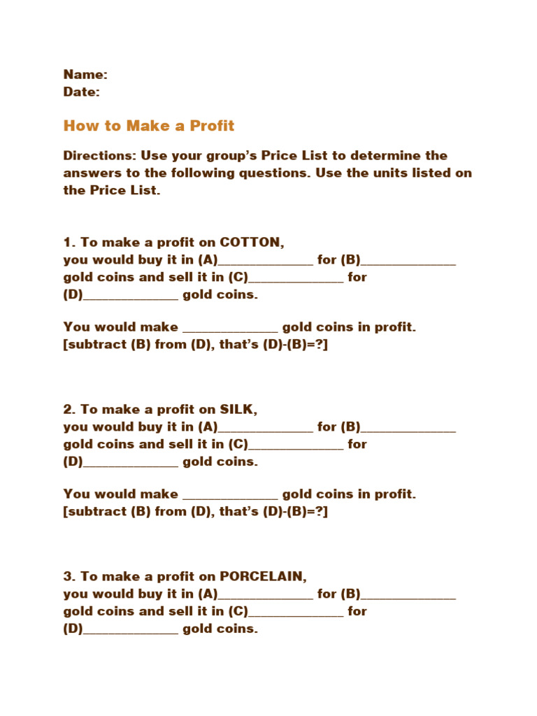 How To Make A Profit Worksheet | PDF | Money | Economies