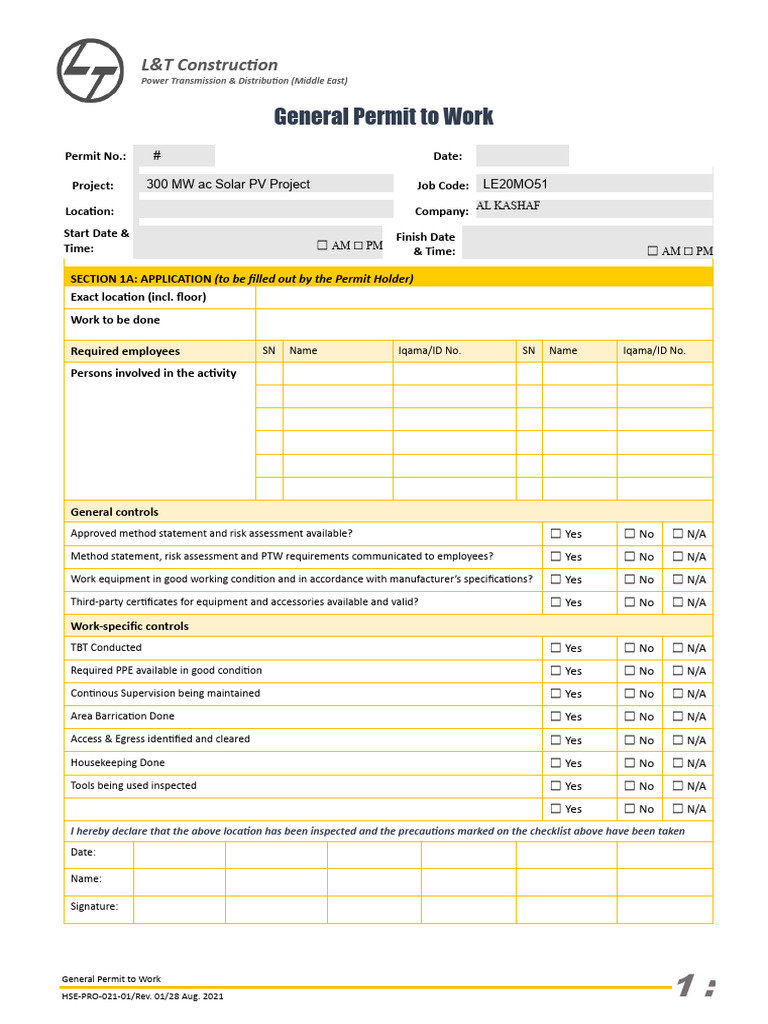 HSE-FRM-021-01 - Rev. 00 - General Permit To Work | PDF