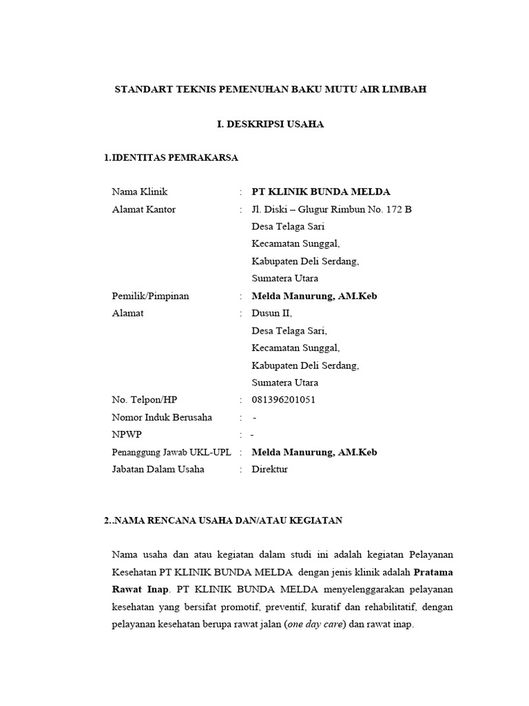 Pertek Baku Mutu PT. Klinik Bunda Melda | PDF