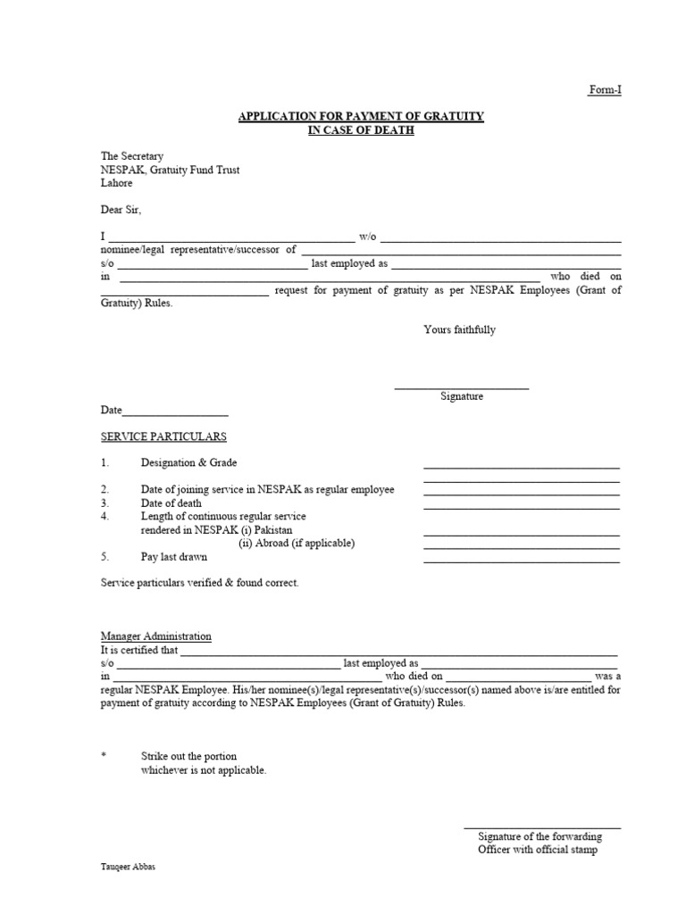 Application For Payment of Gratuity (In Case of Death) | PDF | Gratuity ...