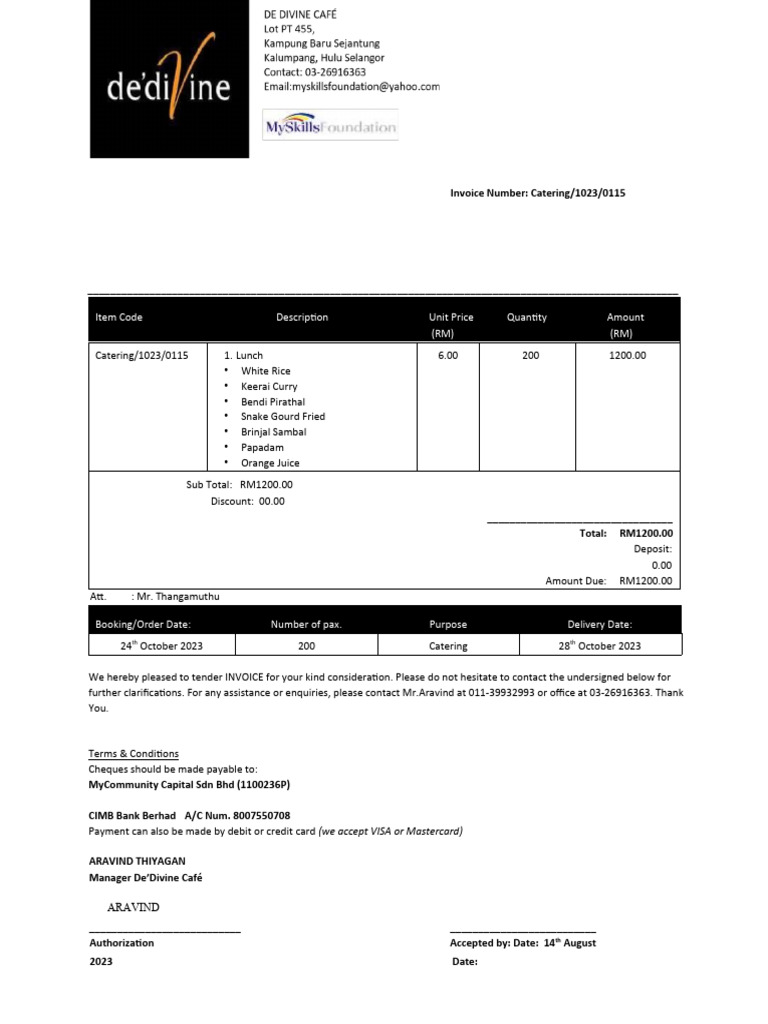 DeDivine - Cafe Invoice 140823 Mr. Thangamuthu 0115 | PDF