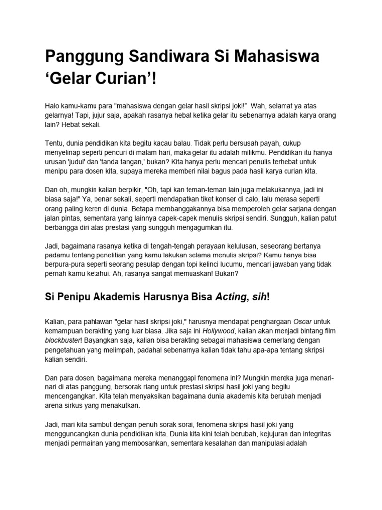 Panggung Sandiwara Si Mahasiswa 'Gelar Curian' | PDF | Griya & Taman