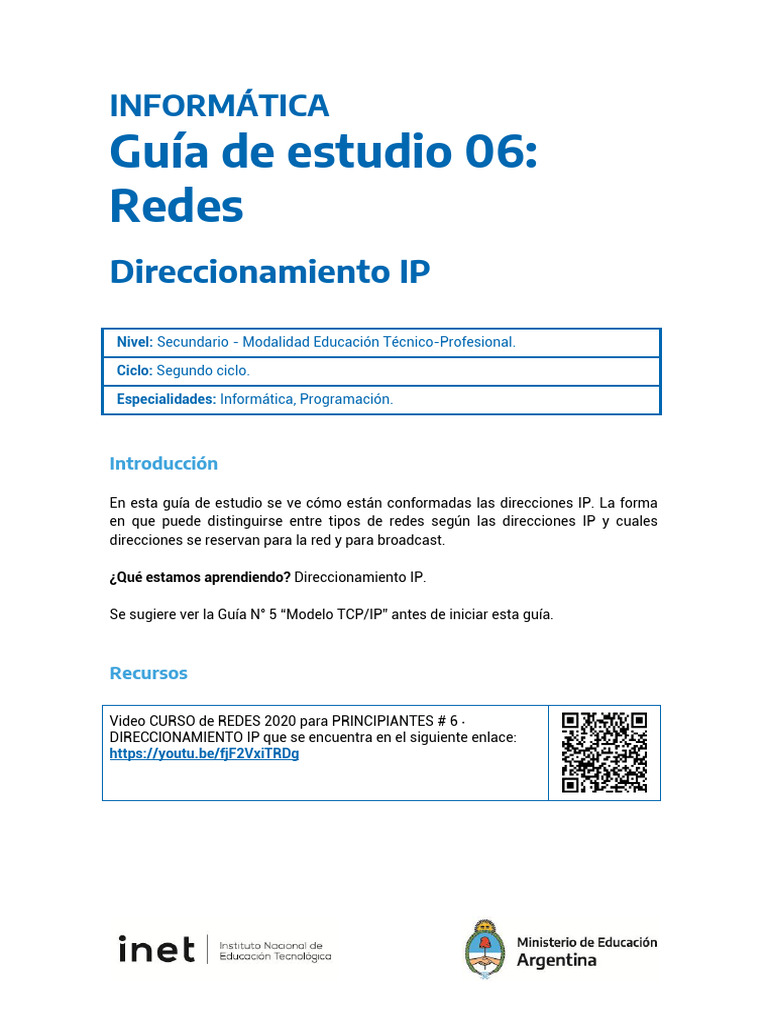 REDES - Gu A06 - Direccionamiento IP | PDF