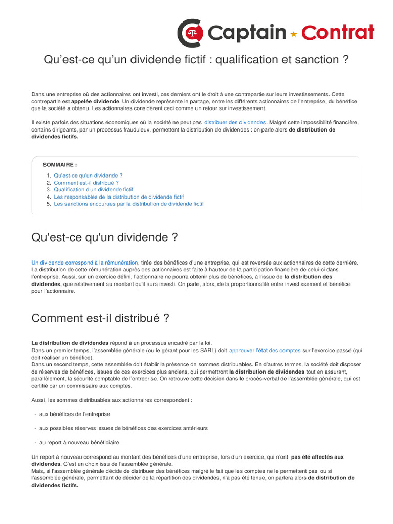 Dividende fictif : définition et sanctions | PDF | Actionnaire | Dividende