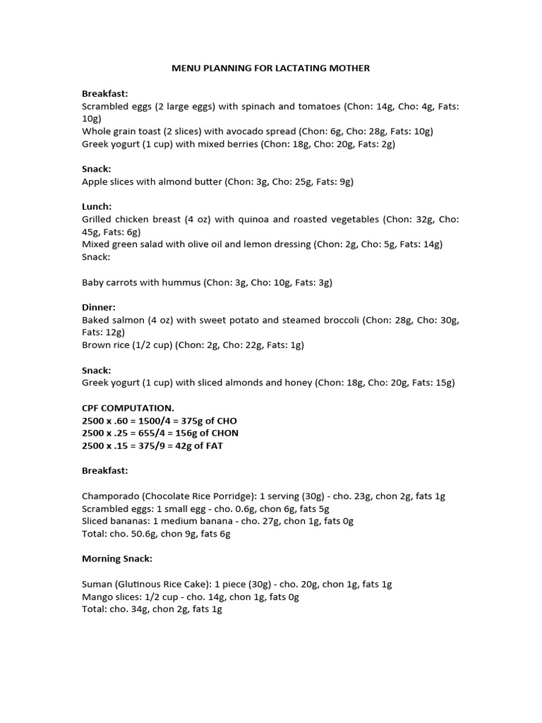 Lactation Meal Plan and Macros Guide | PDF