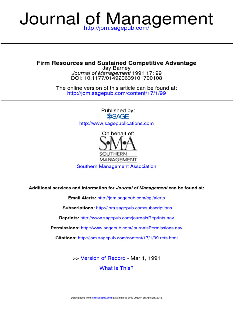 Jay Barney - Firm Resources and Sustained Competitive Advantage | PDF ...
