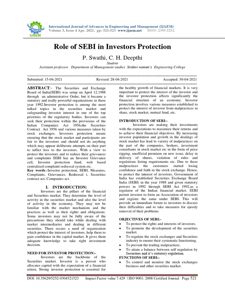 Role of SEBI in Investors Protection | PDF