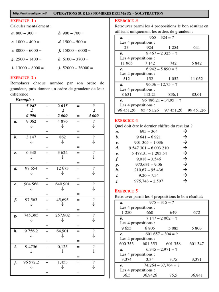 Chap 3 - Ex3a - Soustraction (Ordre de Grandeur) - CORRIGE | PDF