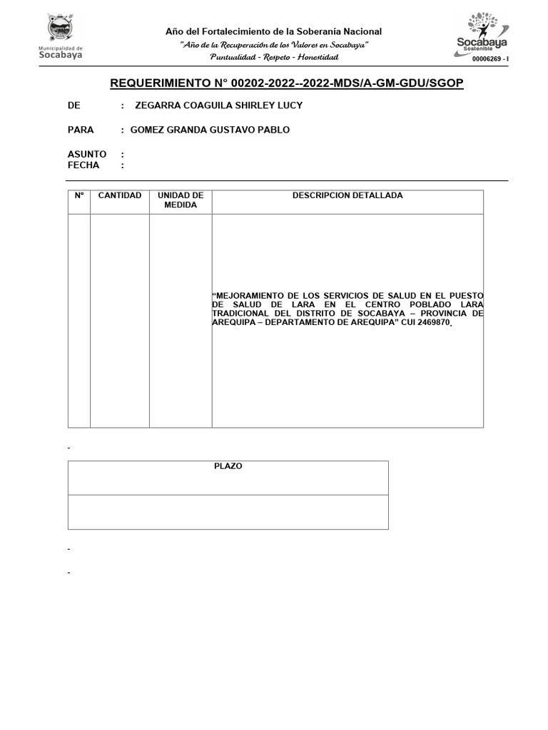 REQUERIMIENTO #00202-2022 - 2022-MDS/A-GM-GDU/SGOP: Subgerente de Obras Publicas Gerente de ...