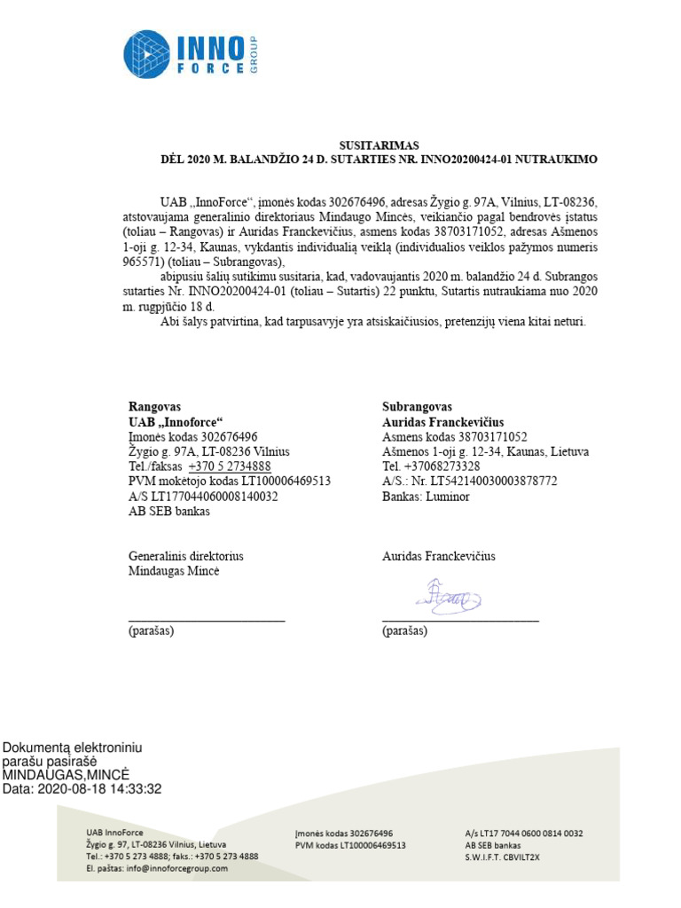 Subrangos Sutarties Nutraukimo Susitarimas 20200818-s0818 | PDF