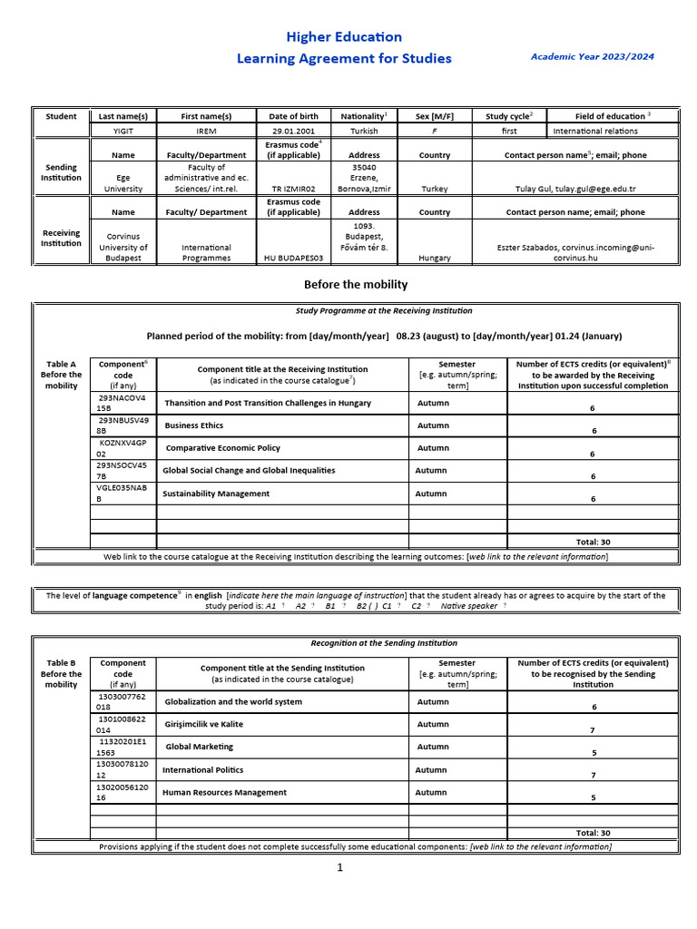 Learning-Agreement Template 2 | PDF