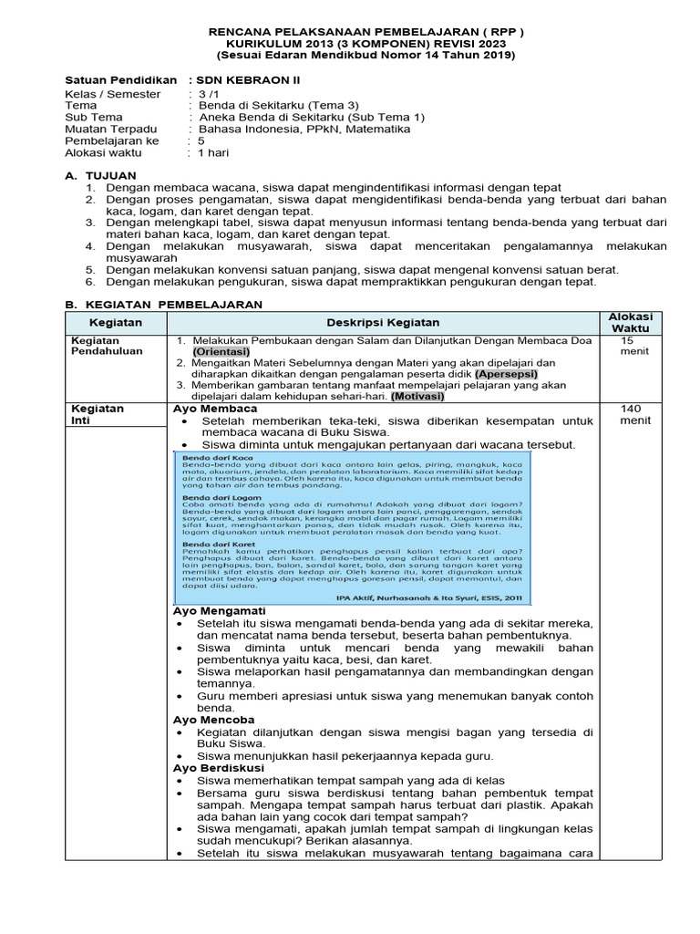 RPP Tema 3 Subtema 1 Pemb. 5 | PDF