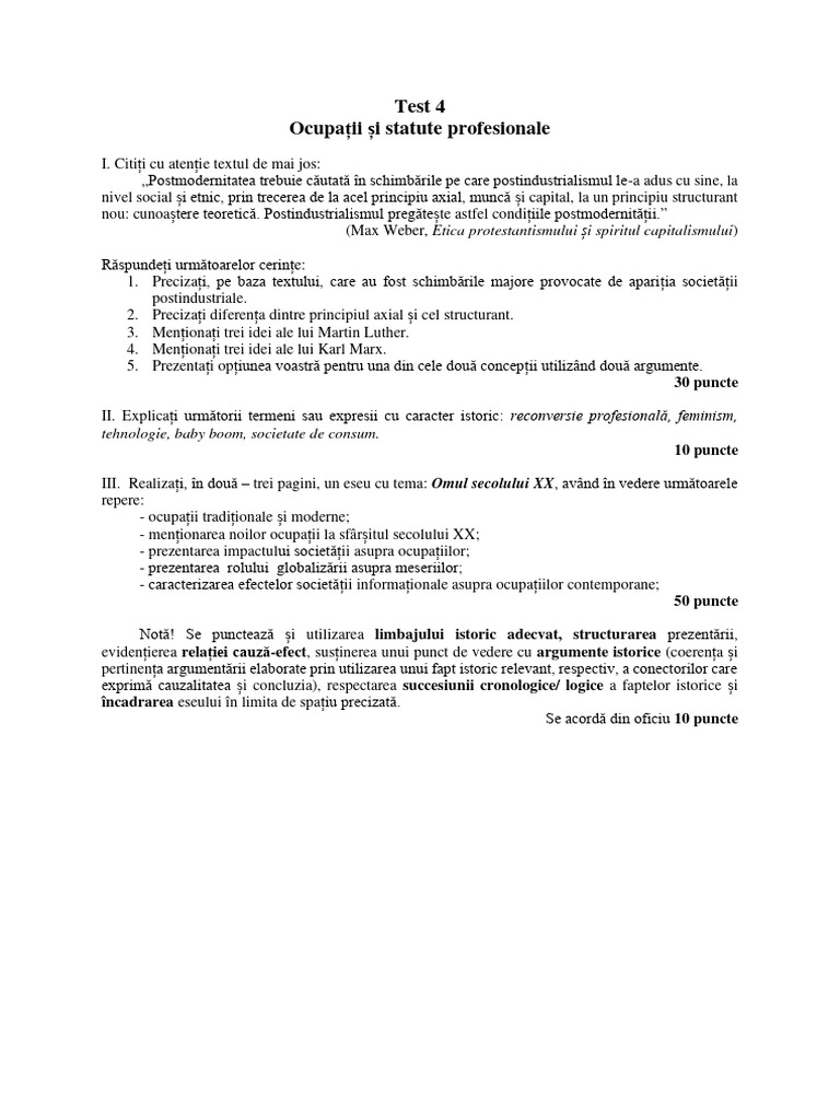 Test 4 Ocupatii Si Statute Profesionale | PDF