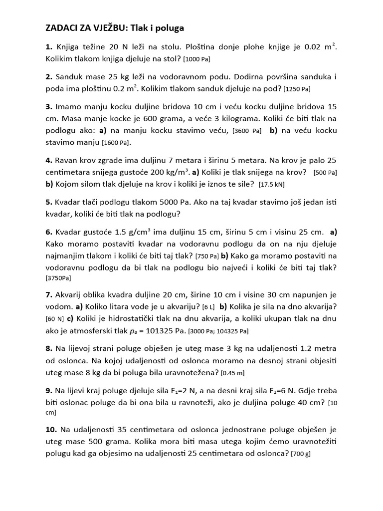 ZADACI ZA VJEZBU Tlak I Poluga | PDF