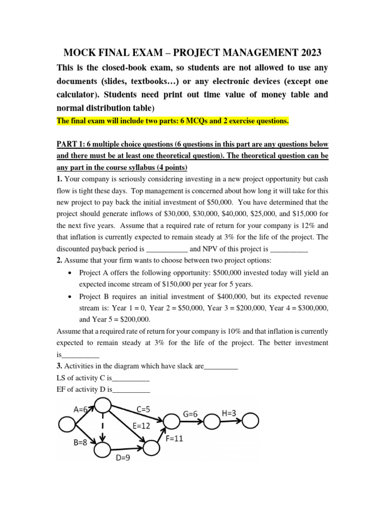 Mock Final Exam Project Management 3.3.2023 | PDF | Discounted Cash ...