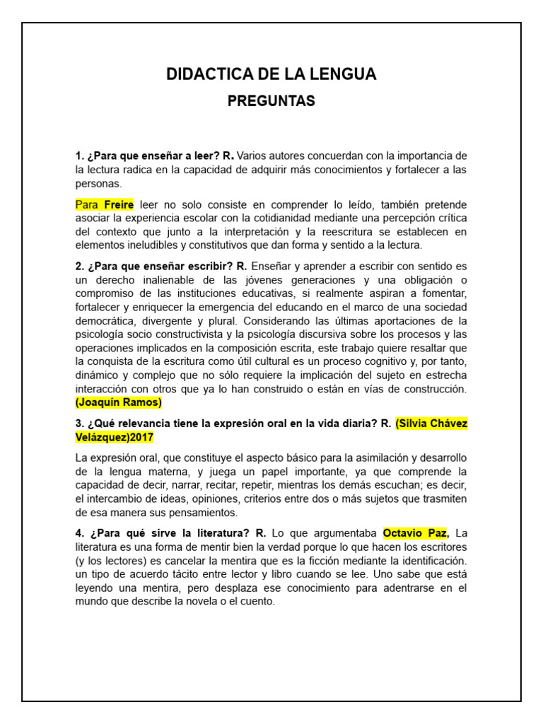 Didactica de La Lengua Preguntas | PDF | Aprendizaje | Cognición