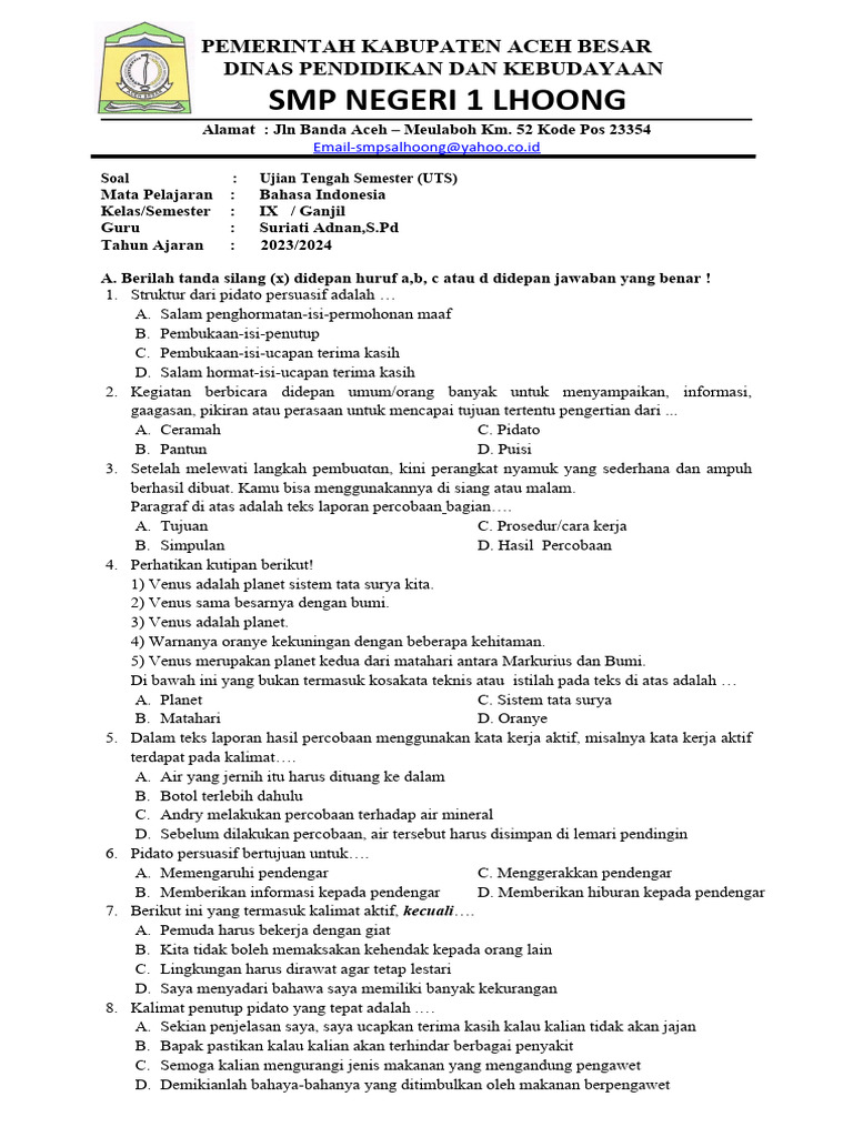 SOAL UTS B. Indonesia KELAS 9 SURIATI OKT 2023 | PDF | Kajian Bahasa Asing