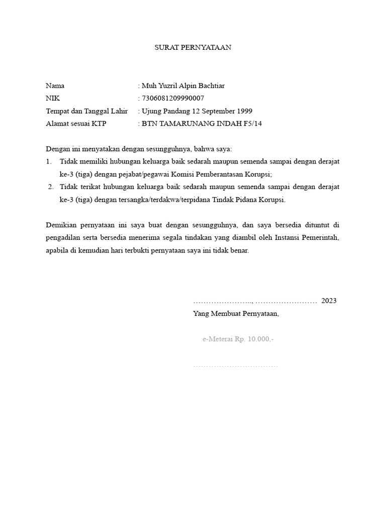 Surat Pernyataan Tidak Memiliki Hubungan Keluarga | PDF Surat Pernyataan Tidak Memiliki Hubungan Keluarga | PDF