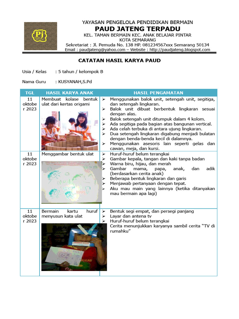 Contoh Catatan Hasil Karya PAUD | PDF