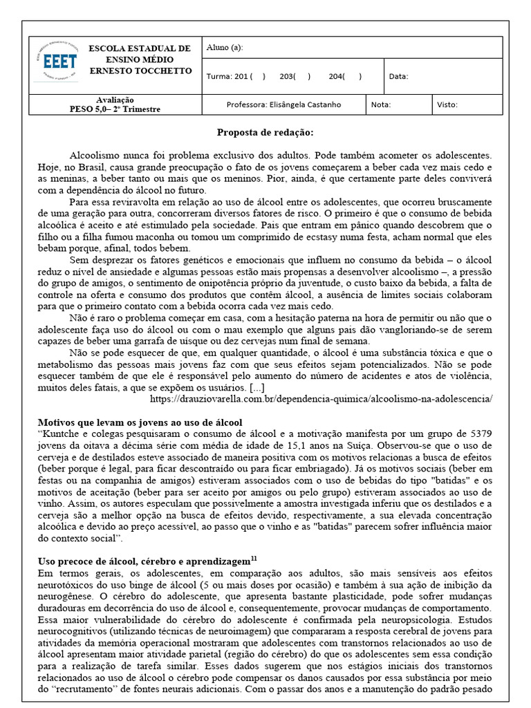 Alcoolismo Adolescente: Impactos e Fatores | PDF | Alcoolismo | Bebidas alcoólicas