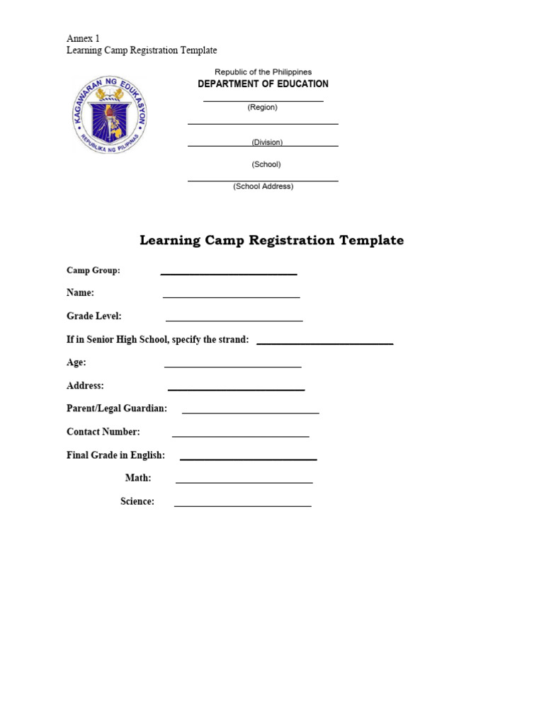 Learning Camp Registration Form Template | PDF