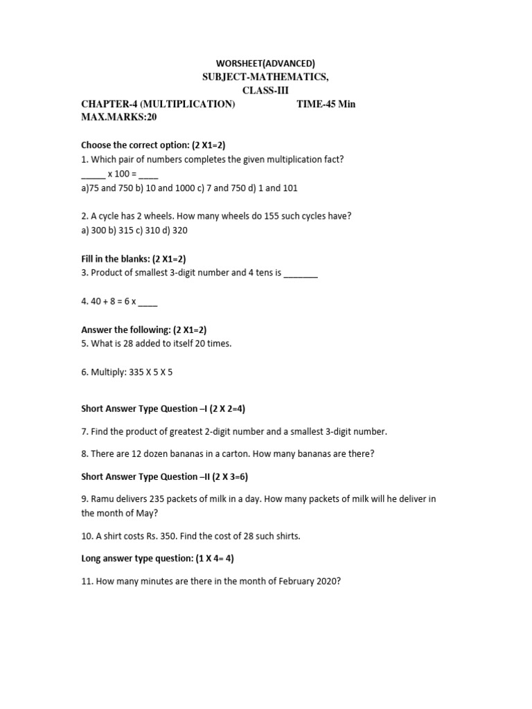 Class-3 Maths Chapter-4 Worksheet-3 | PDF | Teaching Methods & Materials