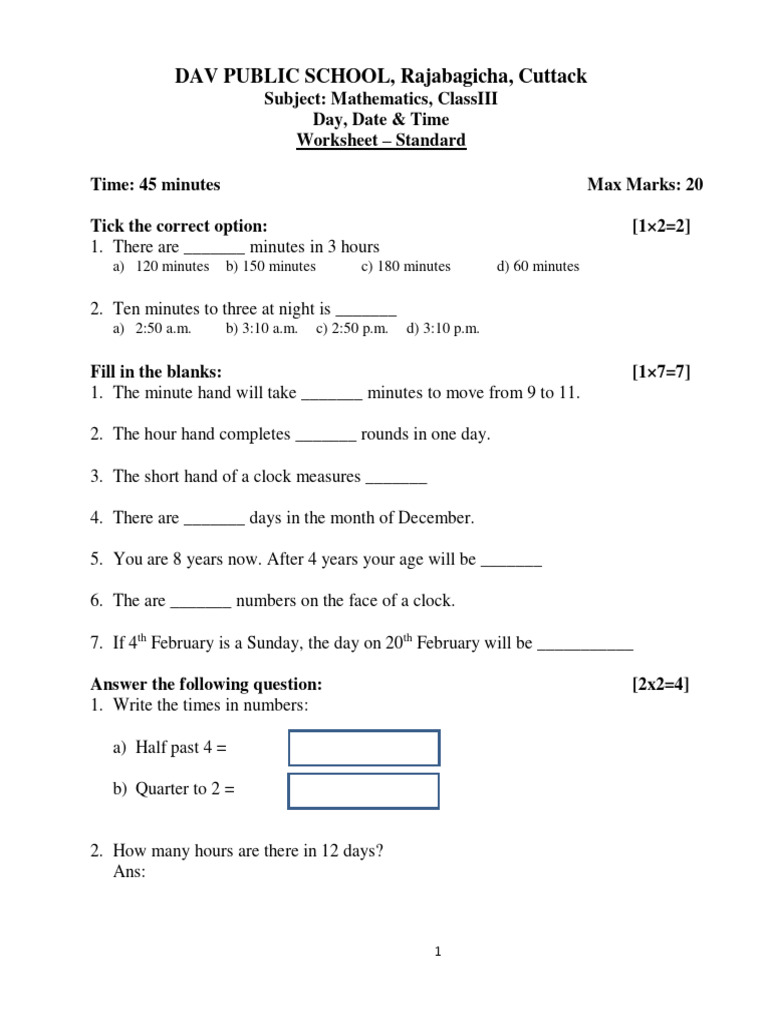 Class 3 Maths Worksheet: Time Concepts | PDF