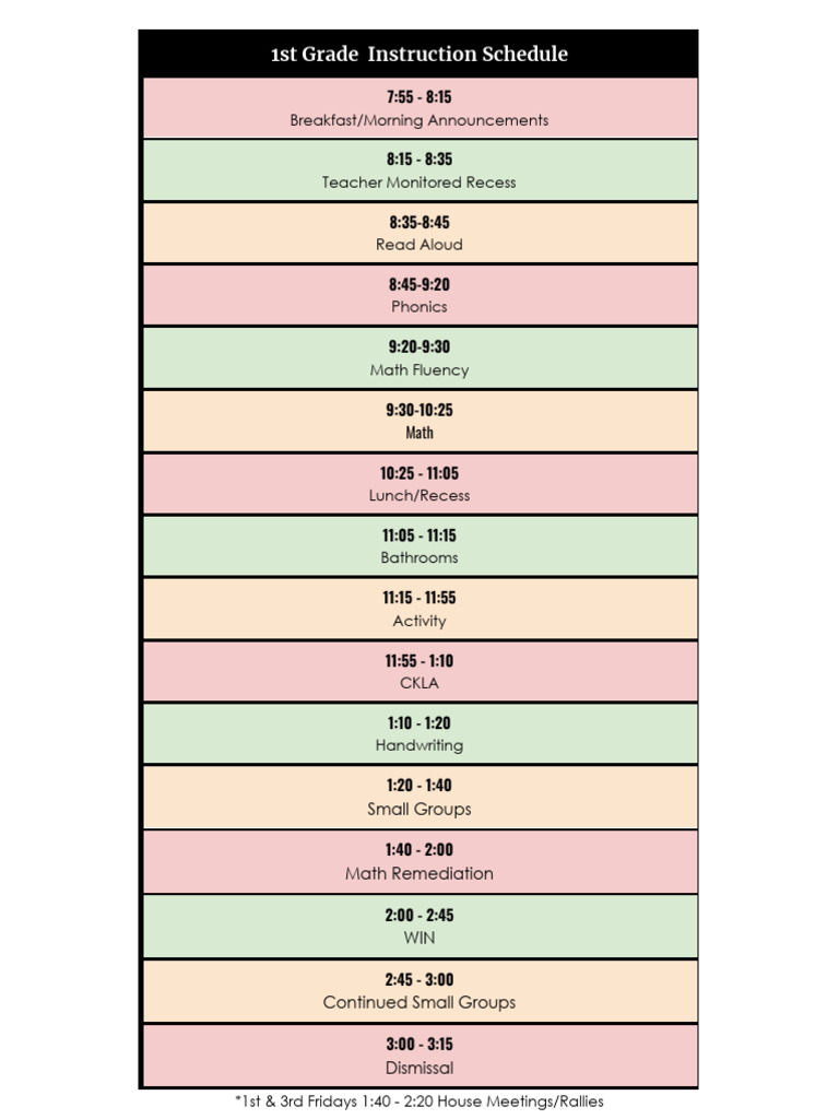 2023-2024 Instruction Schedule-1st Grade 1 | PDF
