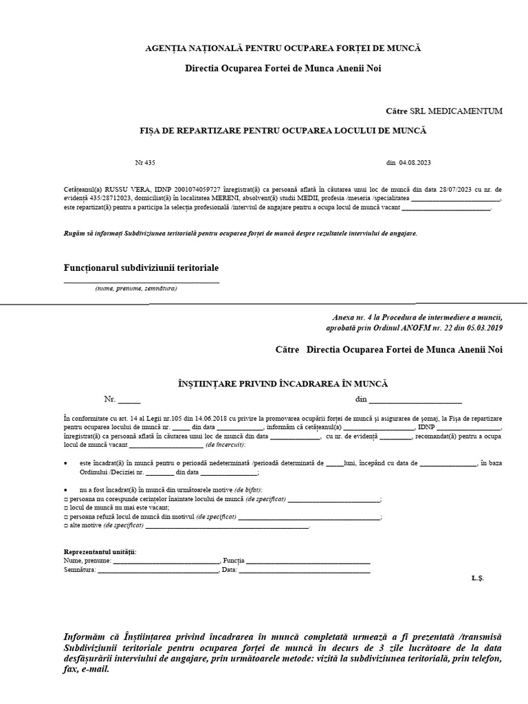 Instiintare Privind Incadrarea in Munca | PDF