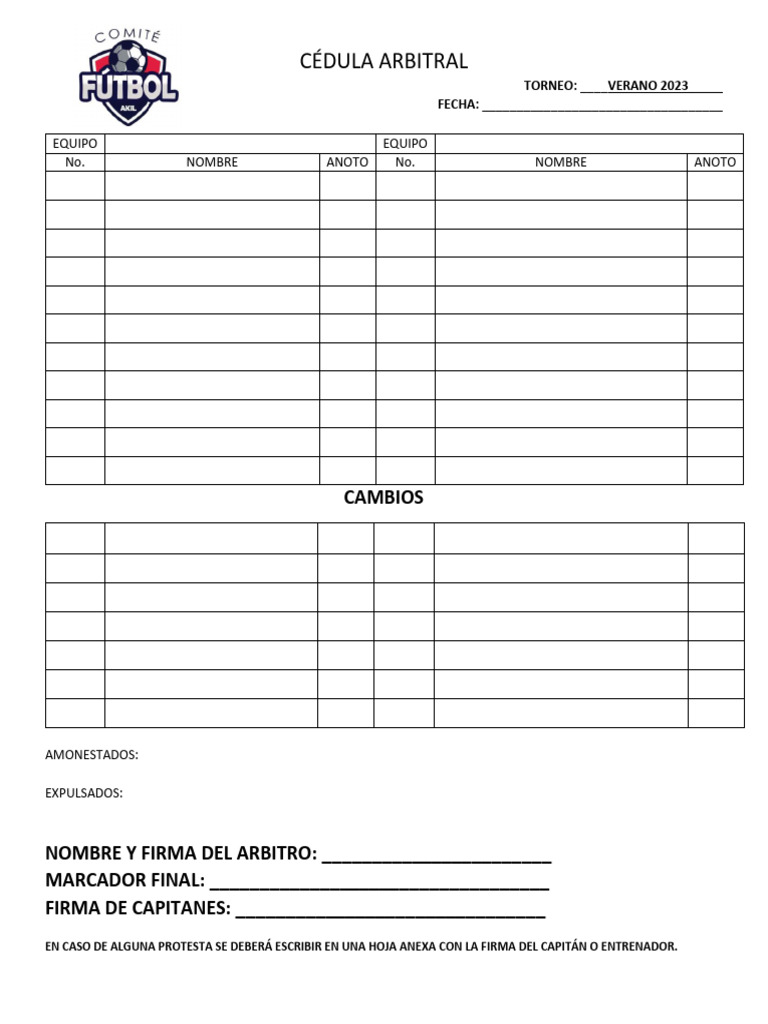 Cédula Arbitral Futbol Akil | PDF
