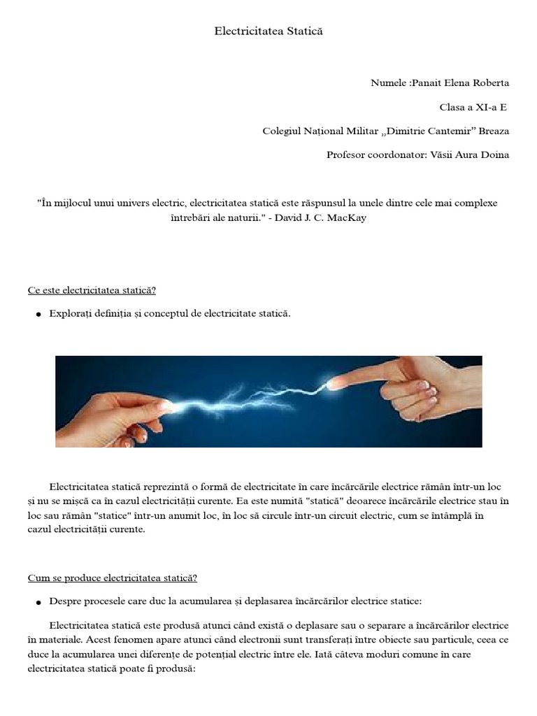 Electricitatea Statică - Panait Elena Roberta | PDF