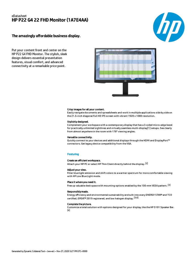 HP P22 G4 22 FHD Monitor (1A7E4AA) : The Amazingly Affordable Business Display | PDF | Computer ...