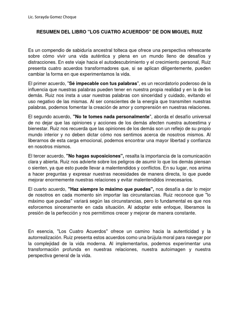 Resumen Del Libro - Los Cuatro Acuerdos de Don Miguel Ruiz | PDF