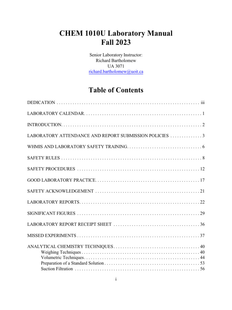 CHEM 1010U Lab Manual Fall 2023 | PDF