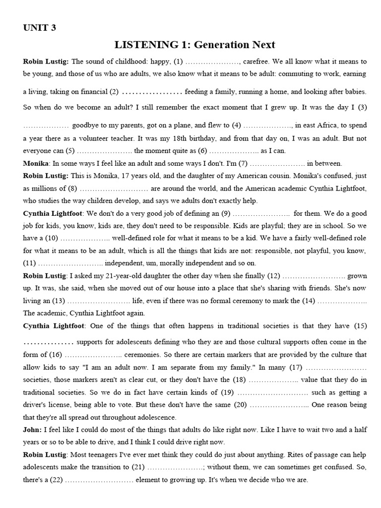 UNIT 3-LIS 1 - Generation Next | PDF | Adolescence | Human Development