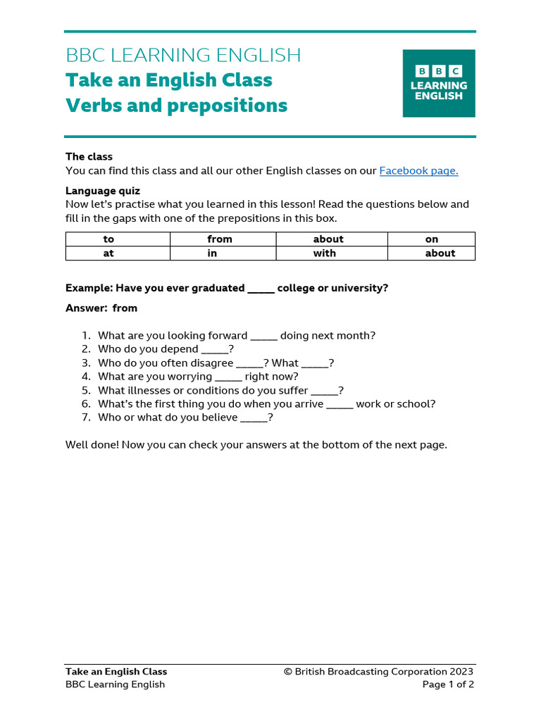 Take An English Class With Sian Verbs and Prepostions | PDF | English ...