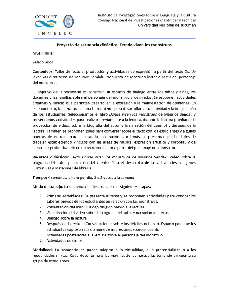 Secuencia Didactica - Donde Viven Los Monstruos | PDF