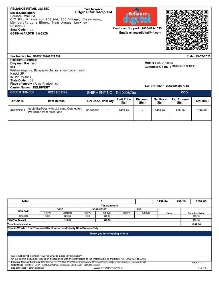 Invoice DI102287901 RDF52253348 | PDF | Invoice | Taxes