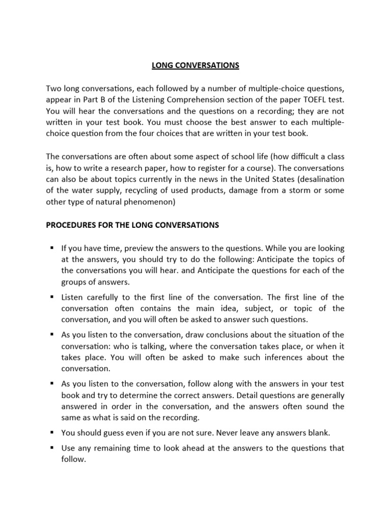 Long Conversations Toefl | PDF | Conversation | Reading Comprehension
