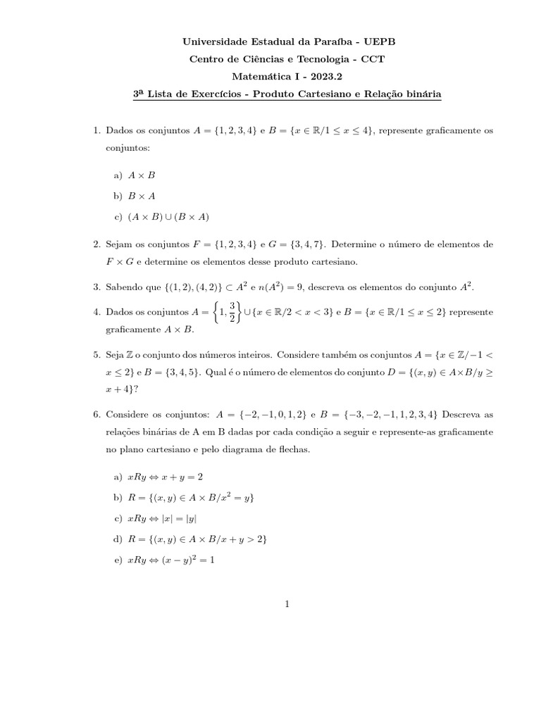 Lista3 Mat01 | PDF | Conjunto (Matemática) | Álgebra abstrata